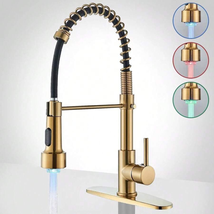 LED Kitchen Faucet Swivel Spout Single Handle Sink Pull Down Sprayer ...