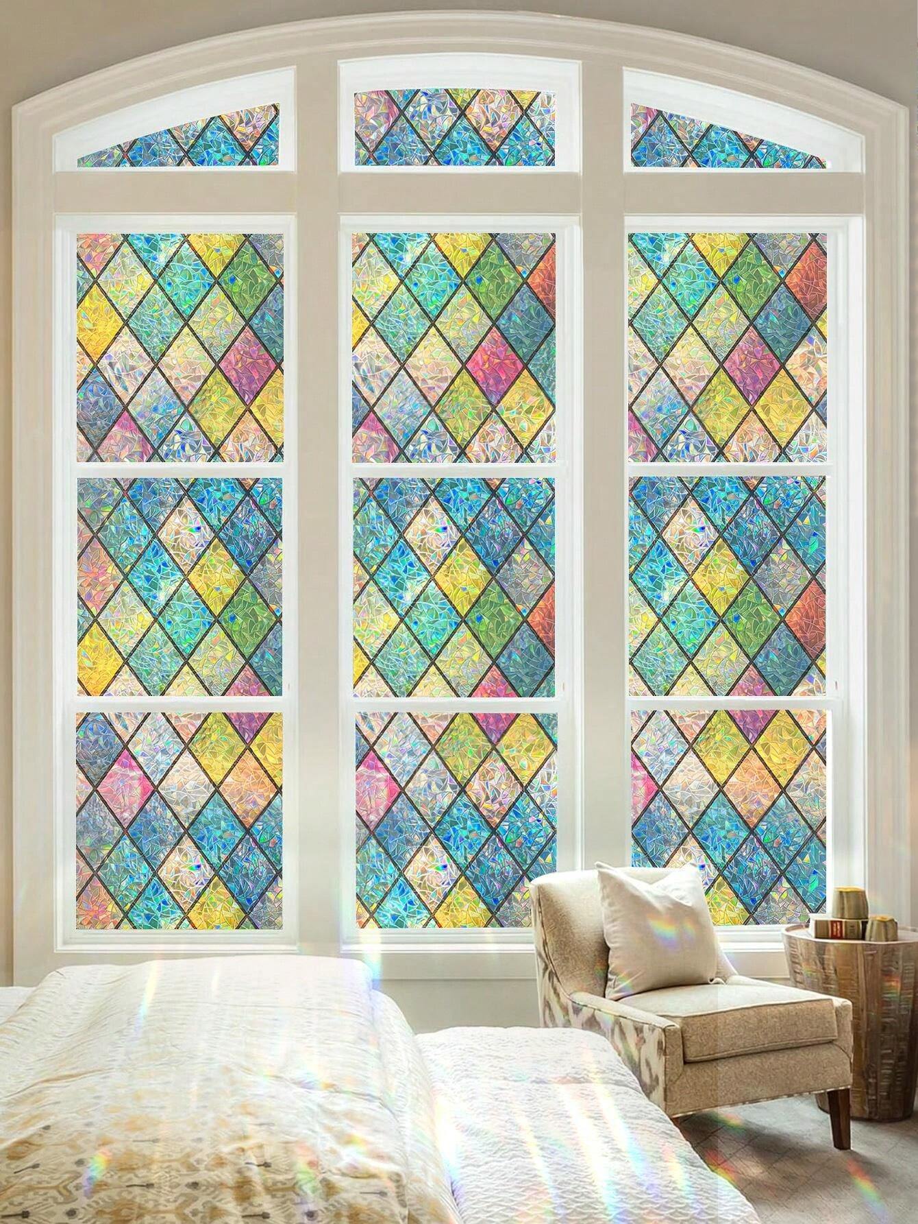 1 Roll Rhombus Pattern Privacy Window Film, Removable Rainbow Stained ...