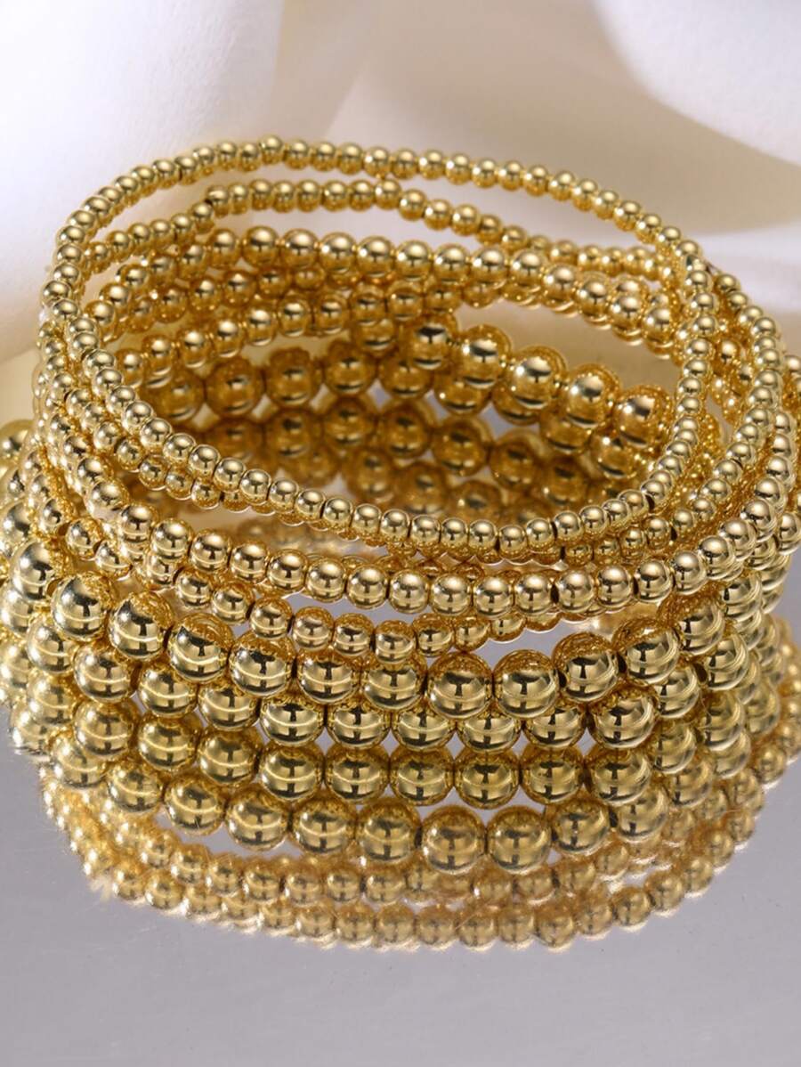 7pcs/Set Fashionable Elastic Plastic Beaded Bracelet With Round Beads ...