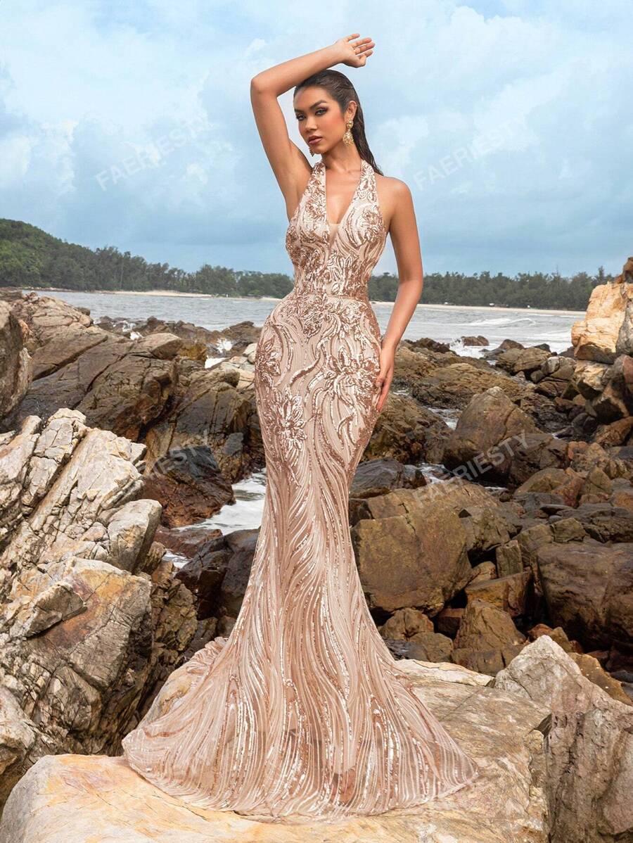 Faeriesty Halter Neck Mermaid Hem Floral Sequin Dress, Elegant Formal Evening Prom Dress, For ...