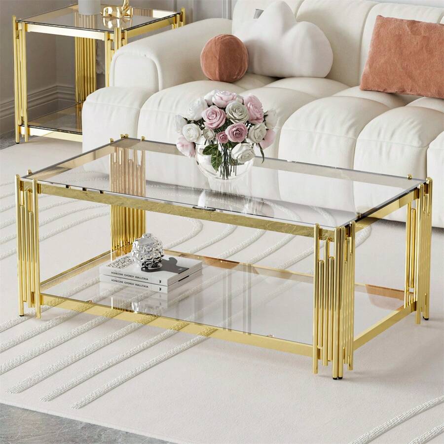 Dolonm Glass Coffee Table, Clear Glass Coffee Table With Stainless ...