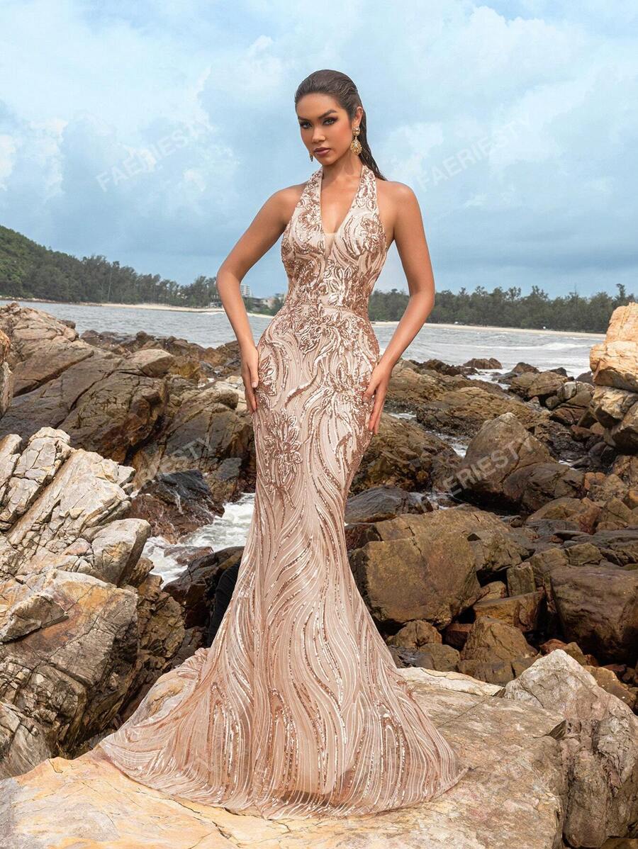 Faeriesty Halter Neck Mermaid Hem Floral Sequin Dress, Elegant Formal Evening Prom Dress, For ...