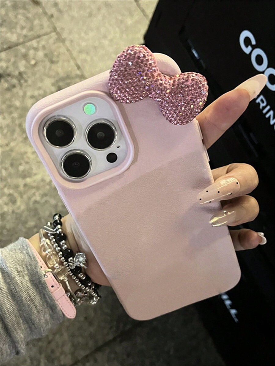 Apple Luxury Rhinestone Bow Litchi Pattern Phone Case Compatible With ...