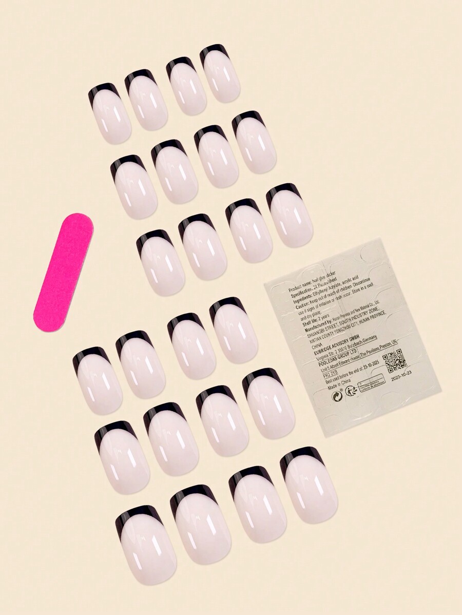 24pcs Black Square French Manicure False Nails With Nail File & Glue ...