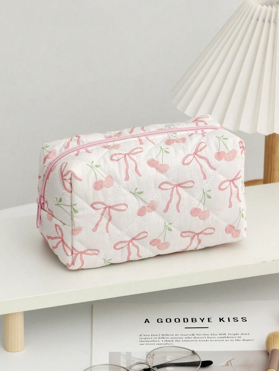 1 Piece Print Cherry Quilted Makeup Bag Flower Makeup Bag Flower Zipper ...