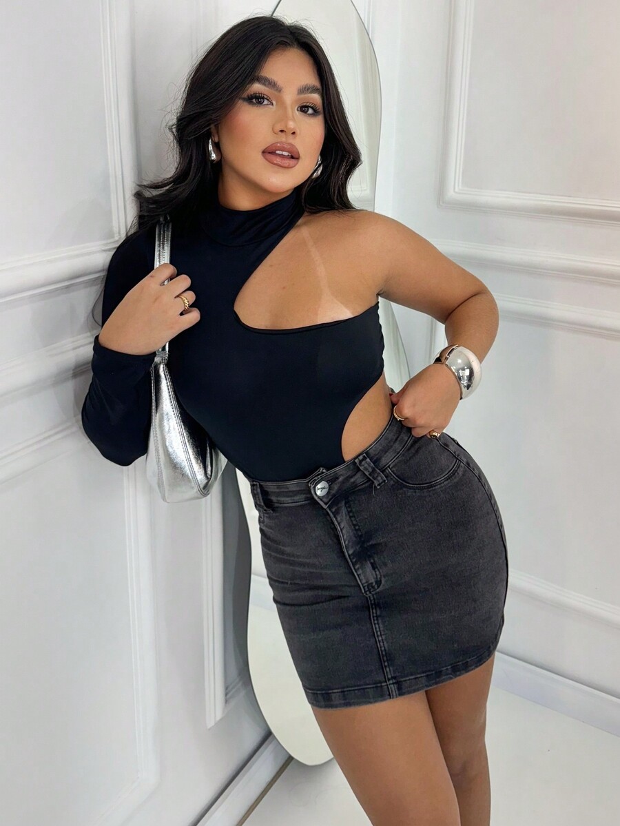 Body Collant Feminino Gola Alta Com Recortes Uma Manga Longa Versátil ...