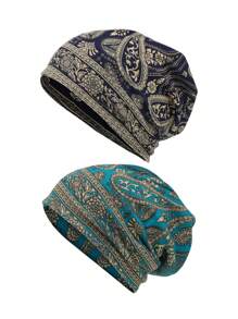 2pcs Classic Paisley Print Loose Visorless Beanie Hats, Boho Stretchy ...