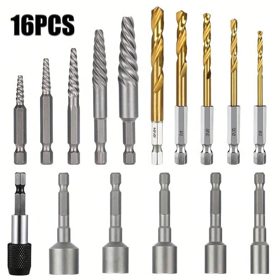 16PCS Stripped Screw Extractor Set, Broken Bolt Extractor Kit, Easy Out ...