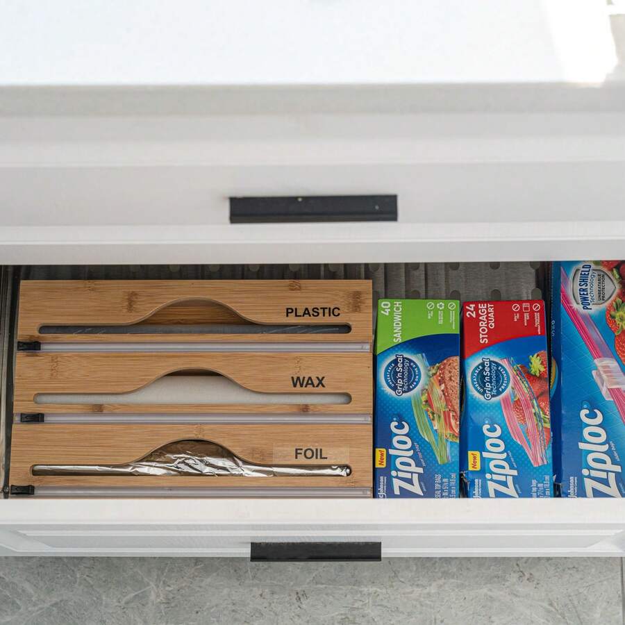 1pc Bamboo Plastic Wrap Dispenser, Kitchen Organiser, Aluminum Foil And ...