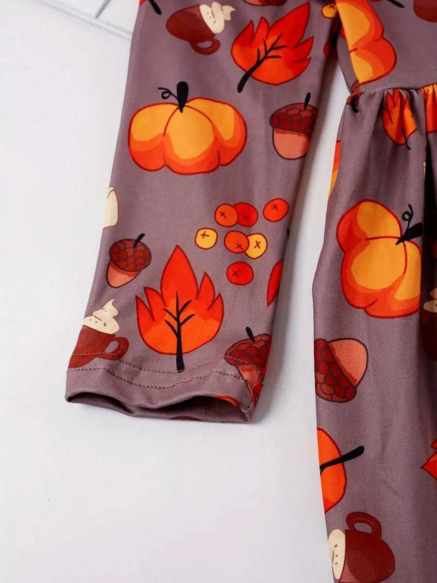 Cute Fall Dress For Young Girl - Fresh Fruits & Leaves Print, Knee ...