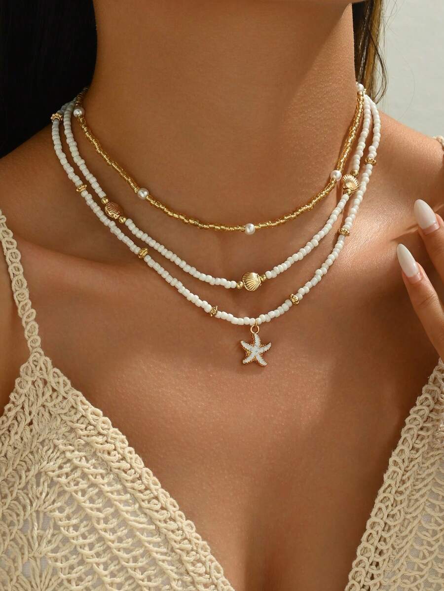 3pcs/Set Rice Bead Faux Pearl Linked Gold Starfish & Shell Necklace ...