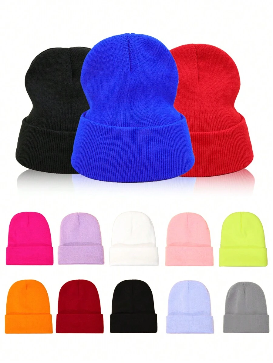 1pc Winter Hats For Men Women Cuffed Beanies Hat Soft Plain Knit Hats ...