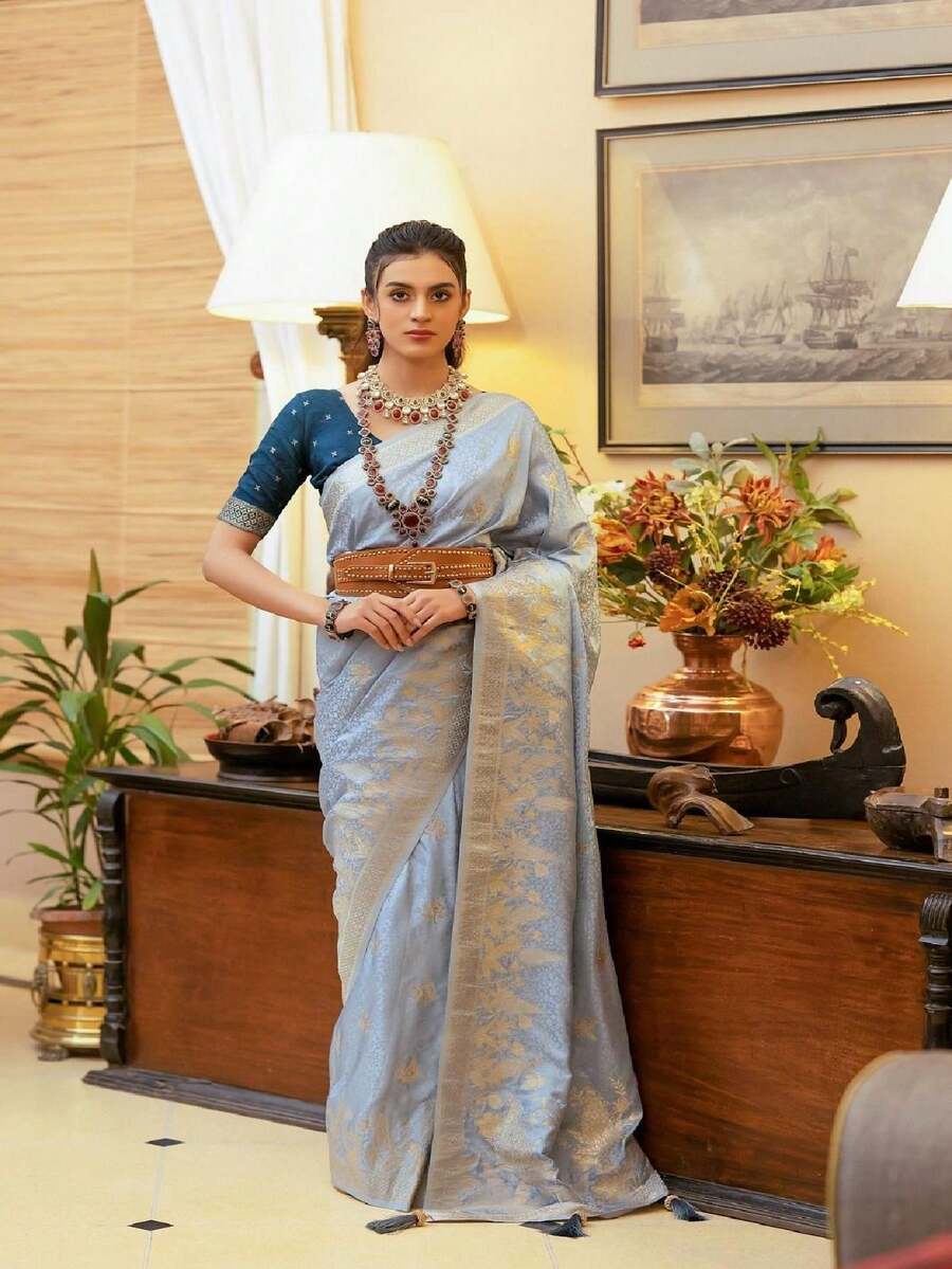 Party Wear Woven Work Satin Silk Classic Saree In Whisper Grey For ...