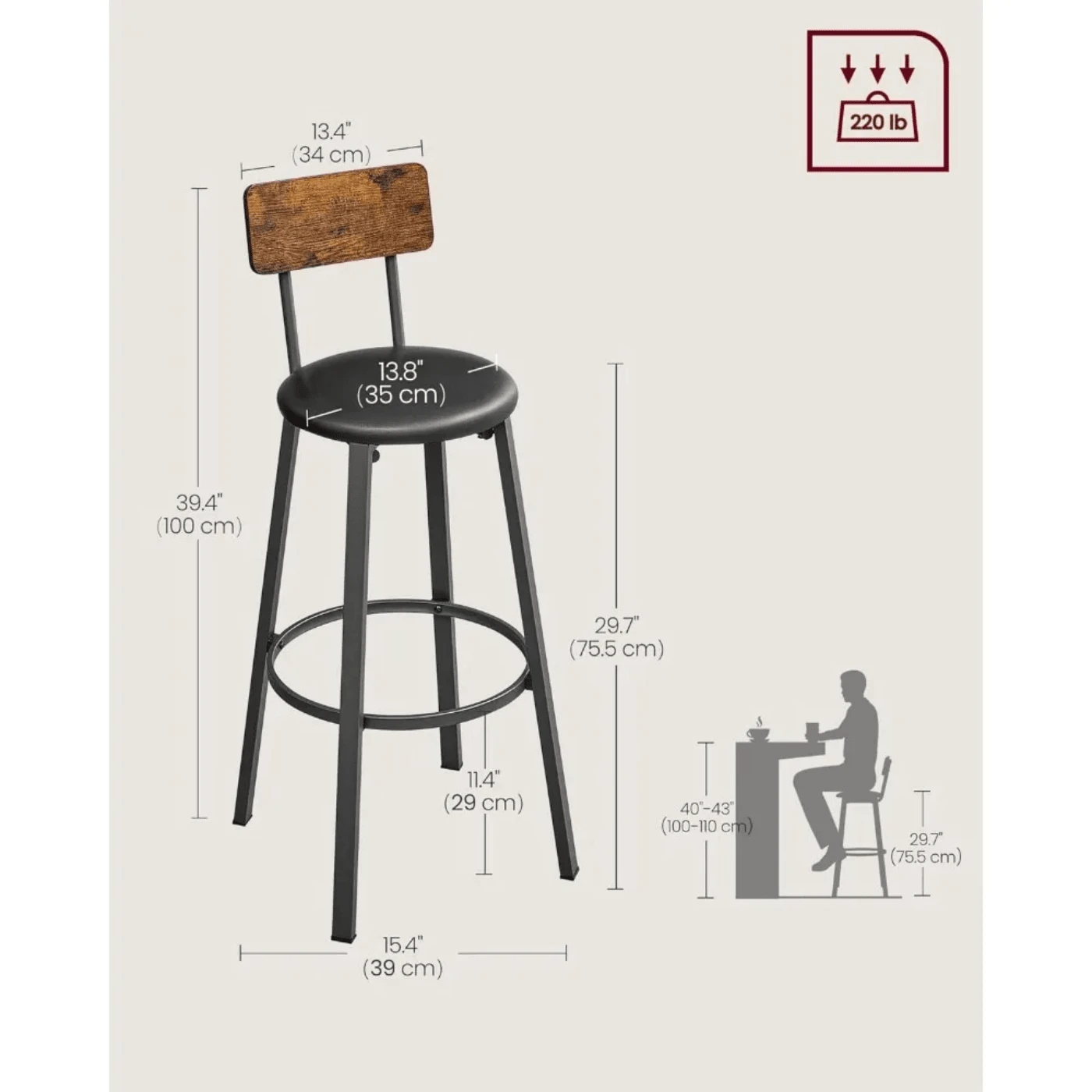 Bar Stools Set Of 2, Bar Height Barstools With Back, Counter Stools Bar ...