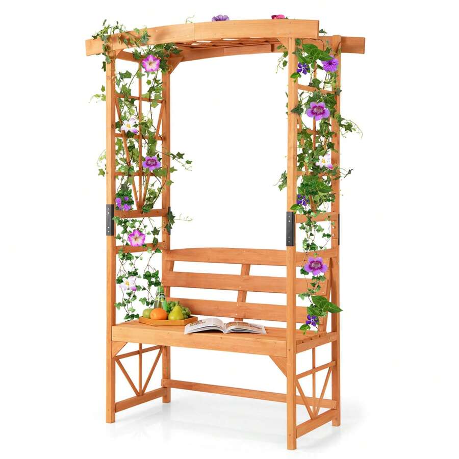 COSTWAY Patio Garden Arbor With Pergola Bench 2 Trellises For Climbing ...