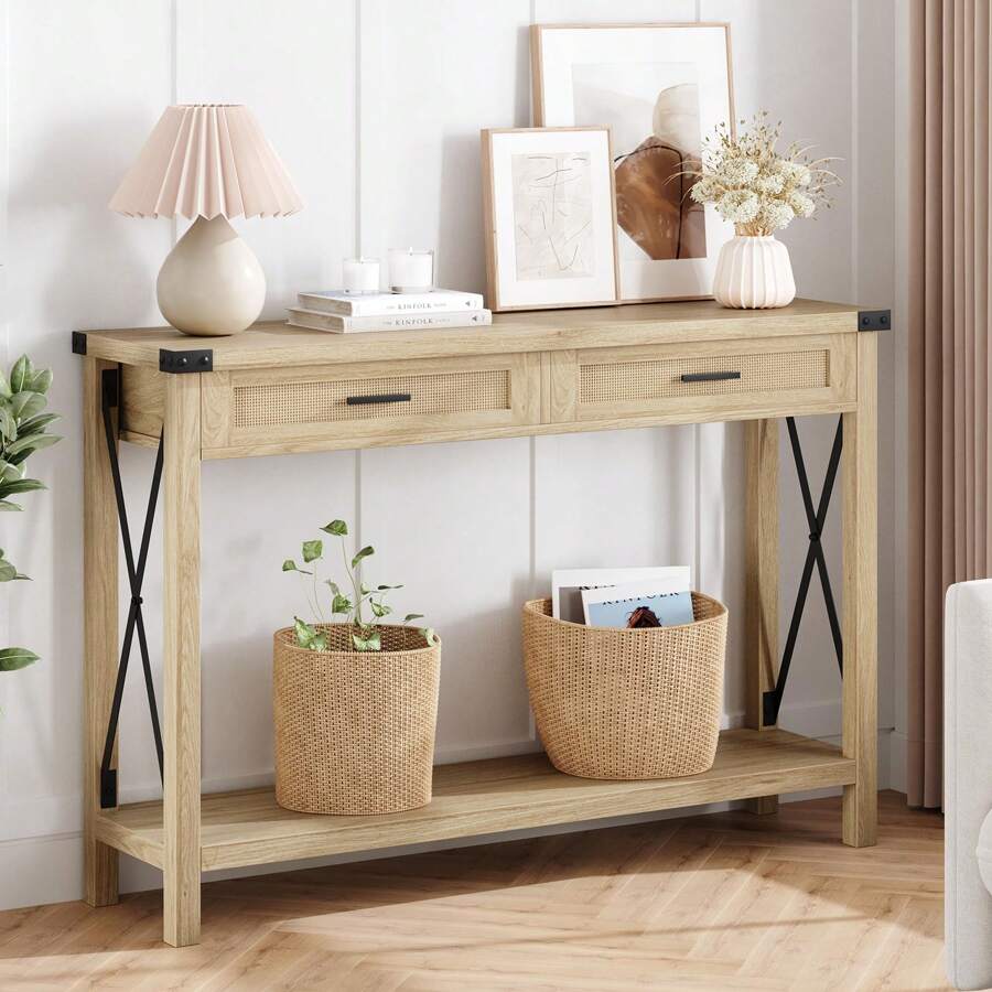 Farmhouse Entryway Table, Console Table With Rattan Drawers, 43" Sofa ...