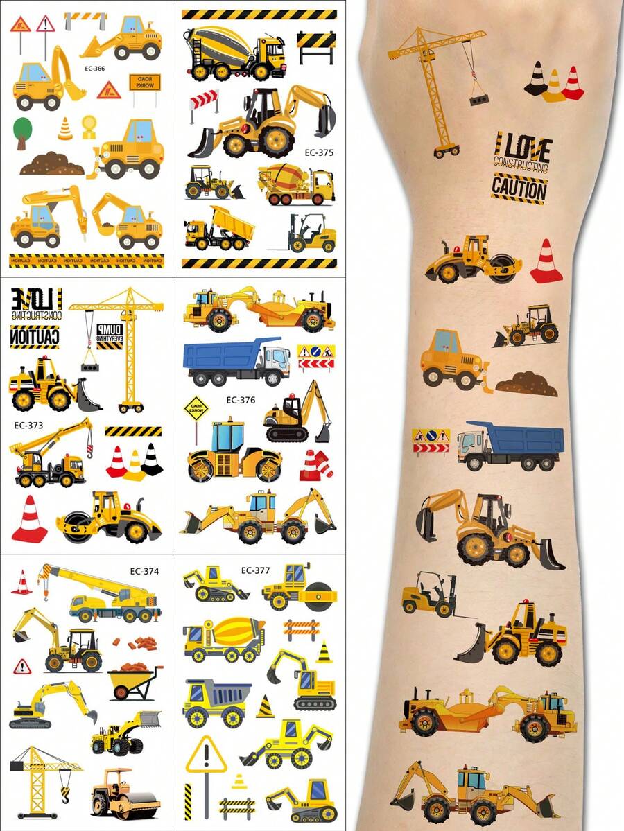 6 Sheets Cool Cartoon Engineering Vehicles Temporary Tattoo Stickers ...