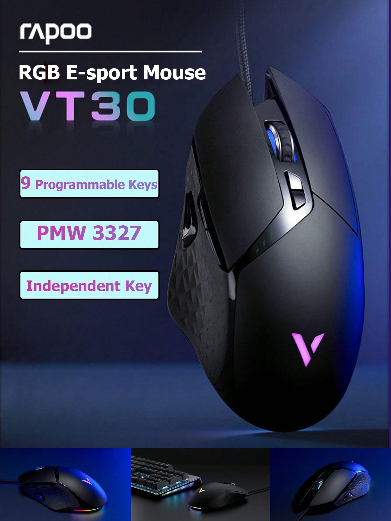 Rapoo VT30 Gaming Mouse Phantom RGB 8Keys Gaming PMW3327 USB Wired ...