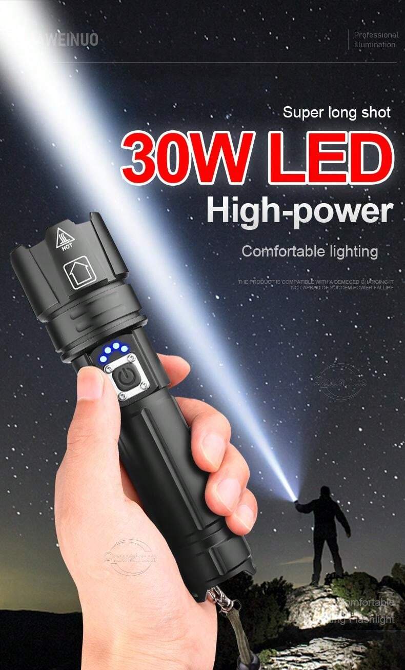 1500M Long Shot Powerful LED Flashlight 30W Super Bright White Laser ...