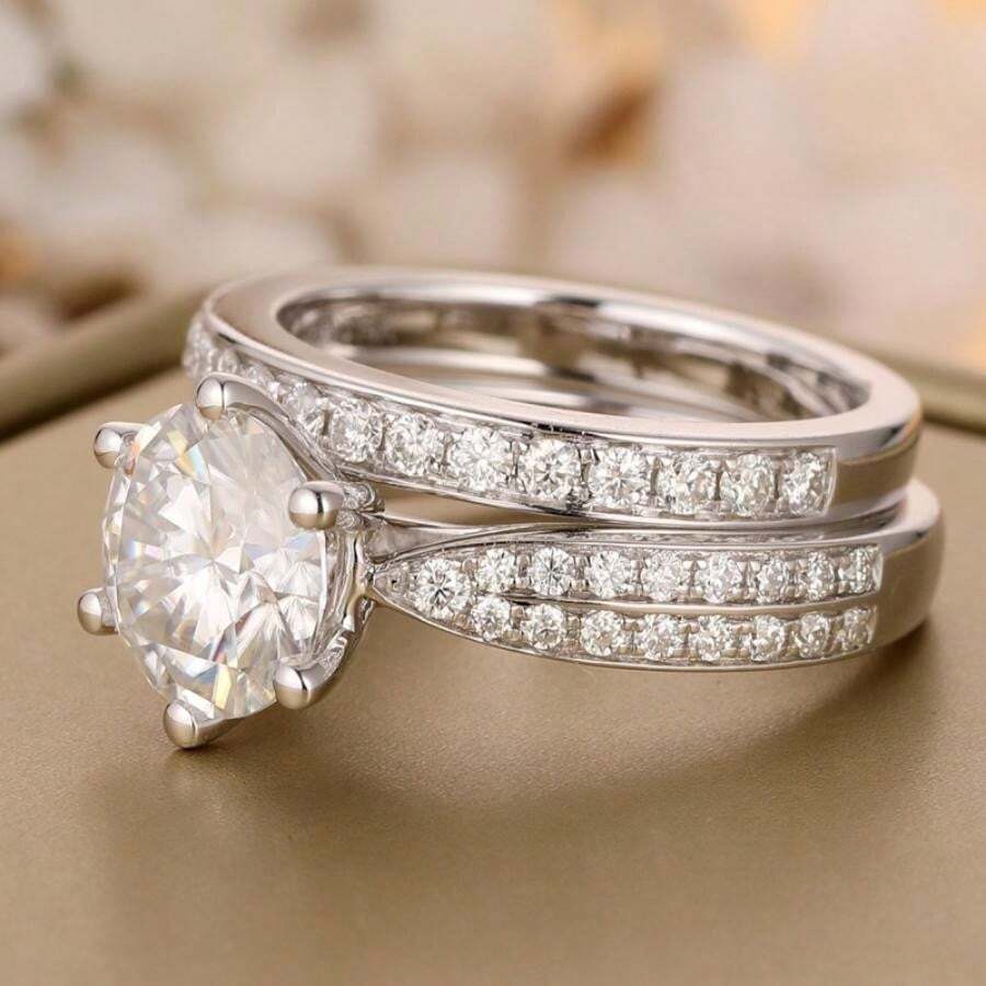 2pc Elegant Luxurious Silver Plated CZ Stone Wedding Ring Set, Bridal ...