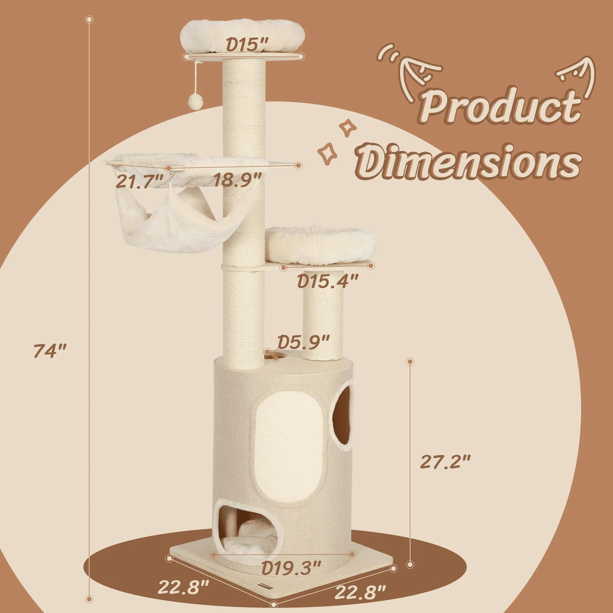 KAMABOKO Tall Cat Tree, 74" Large Cat Tower Multi-Level Platforms With ...