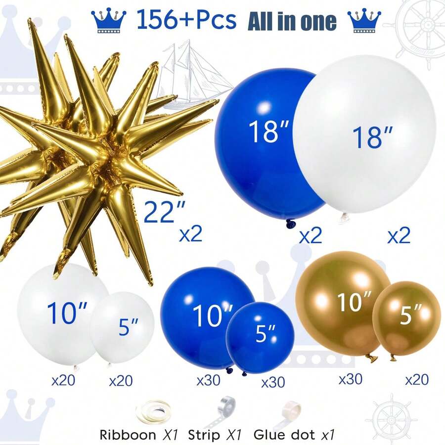 Royal Blue And Gold Balloon Garland Arch Kit 156Pcs Blue Gold White ...