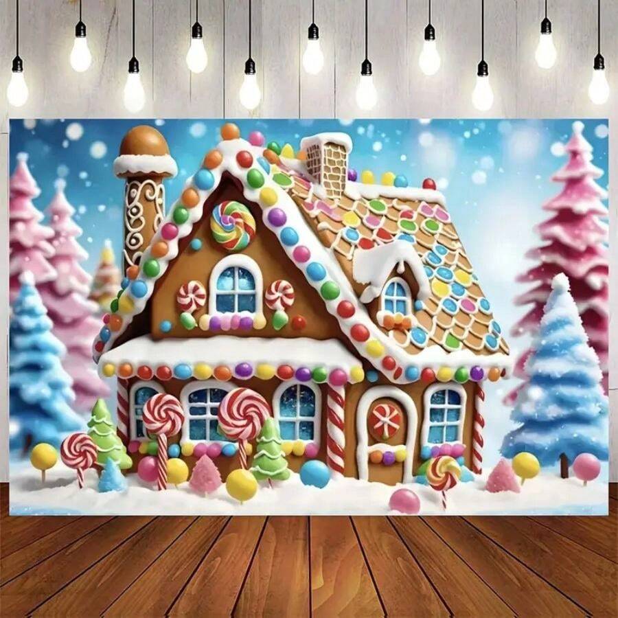 Merry Christmas Gingerbread House With Snow Tree Backdrop - The Perfect ...