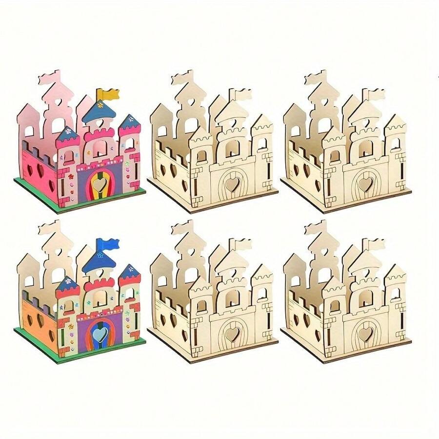 4pcs Unpainted Wooden Castle Crafts Set, Party Wood Crafts DIY Make ...
