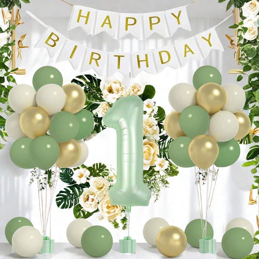 40 Inch Olive Green Number 1 Balloon, 12 Inch Cream Gold Metallic ...