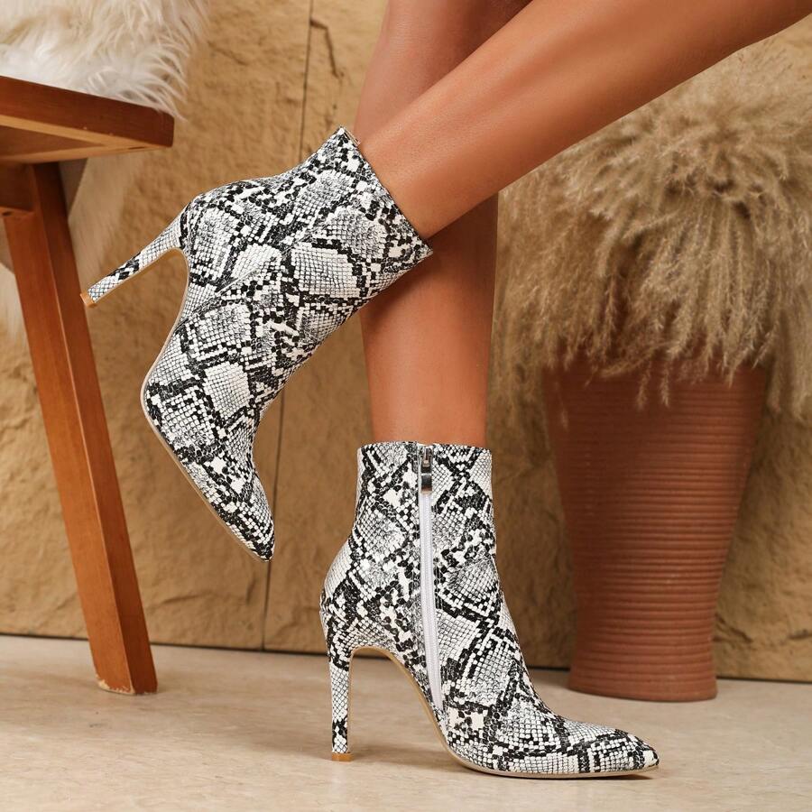 Women's Fashion Thin High Heel Snake Print Fabric Boots, Sexy Super ...