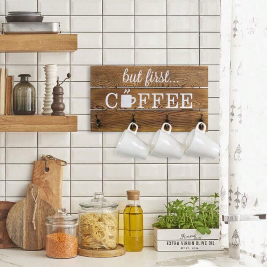 Brown Wood Hanging Coffee Mug Holder With But First Coffee Lettering ...