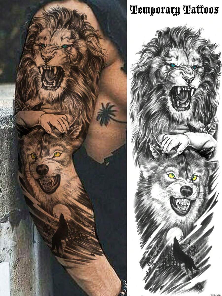 1 Sheet Realistic Lion Wolf Arm Temporary Tattoos For Men Adults Thigh ...