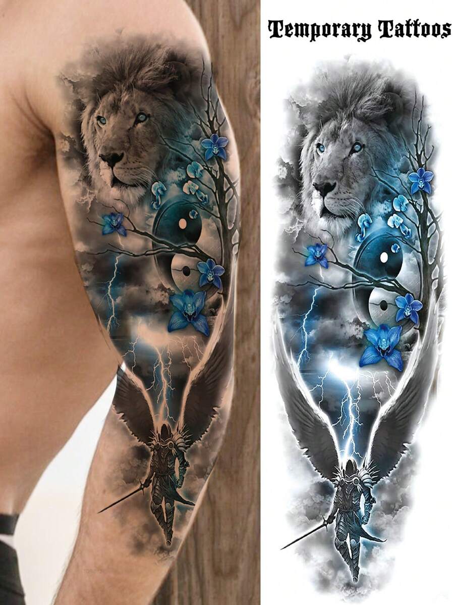 1 Sheet Realistic Lion Warrior Full Arm Temporary Tattoos For Women ...