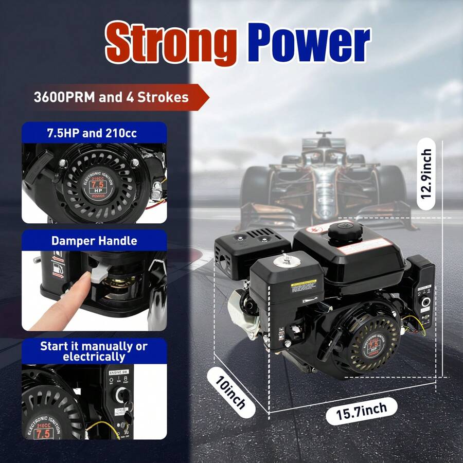 7.5HP 212cc Gas Engine Motor Electric Start Horizontal Engine 4-Stroke ...