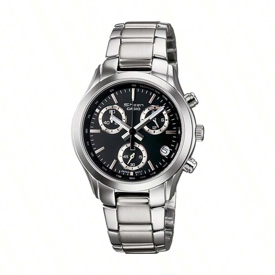 Casio Sheen Chornograph Ladies Watch Black Dial Silver Stainless Steel ...