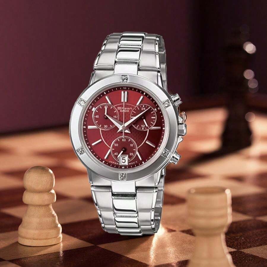 Casio Casio Sheen Waterproof Stainless Steel Strap Analog Red Dial ...