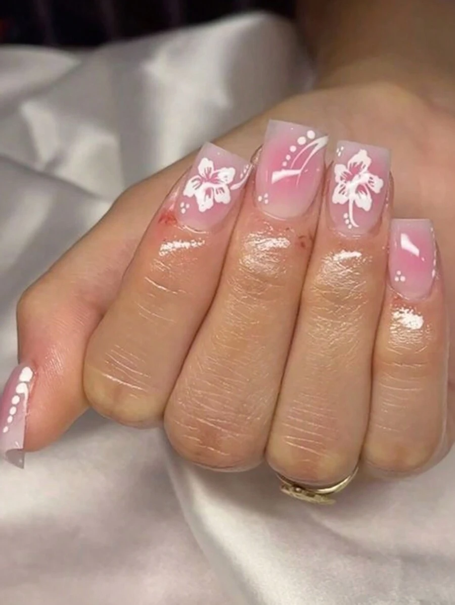 24Pcs Small Square Nails, Creative And Elegant Blooming Flowers Fake ...