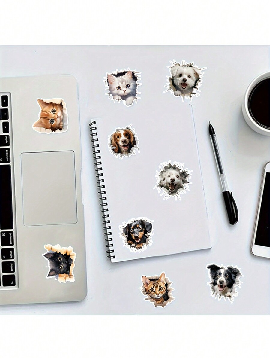 50 Pcs Aesthetic Cartoon Dog Cat Theme Stickers, Funny Peeking Animals ...