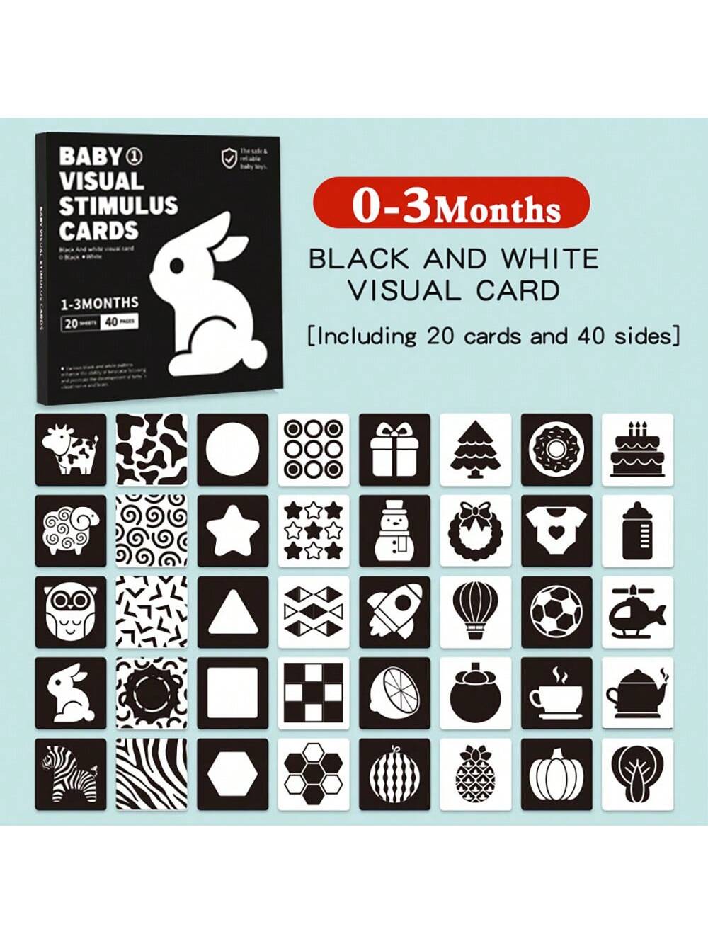 1 Box 20 Sheets 40 Pattern High Contrast Baby Cards, Newborn Visual ...