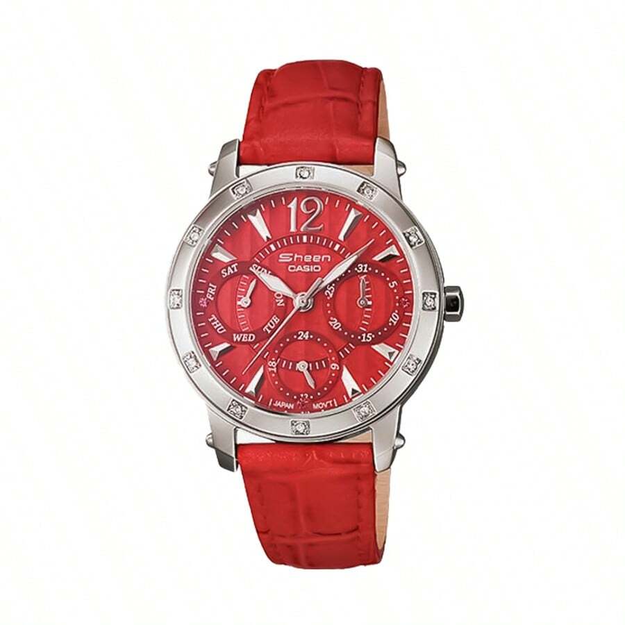 Casio Sheen Analog Red Dial Women's Three-Eye Pointer Stainless Steel ...