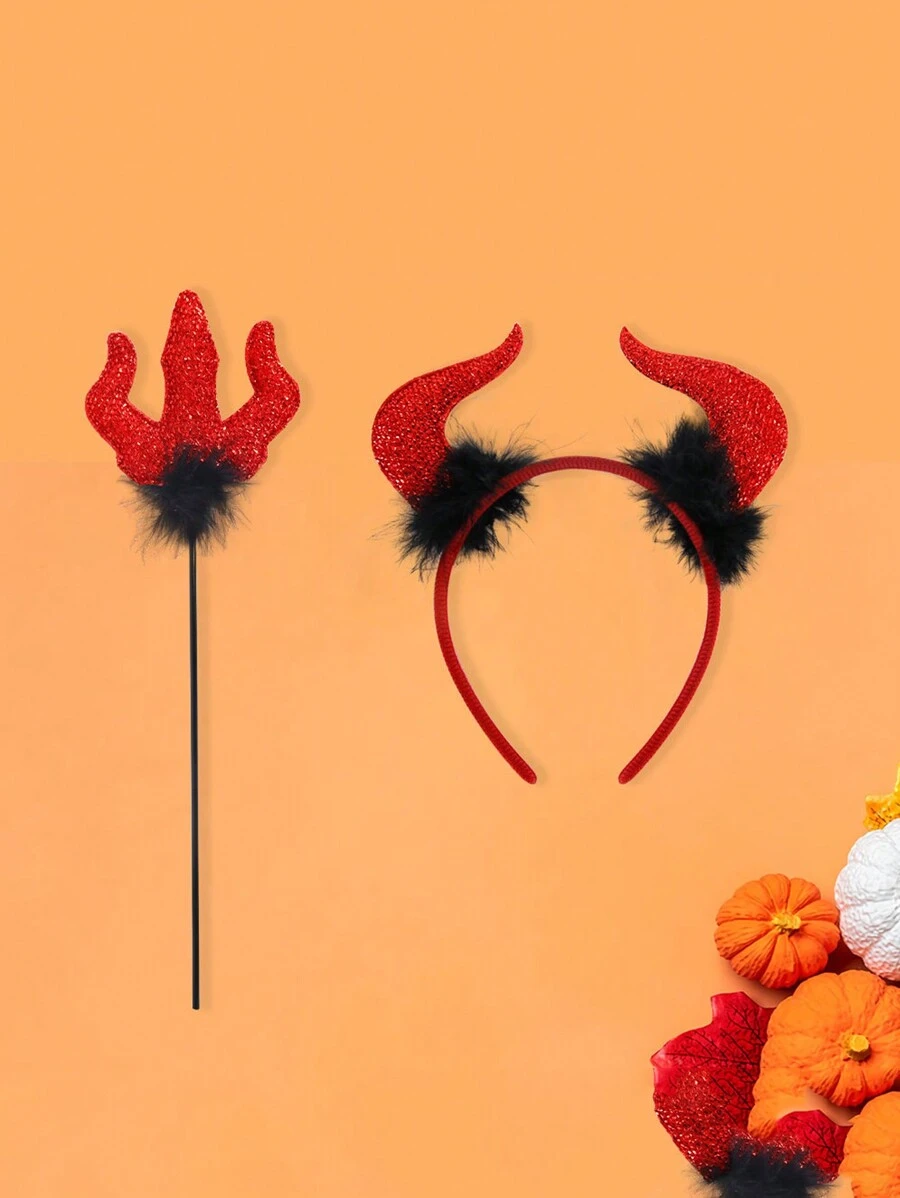 2pcs/Set Halloween Little Devil Costume Set, Includes Red Horn Headband ...