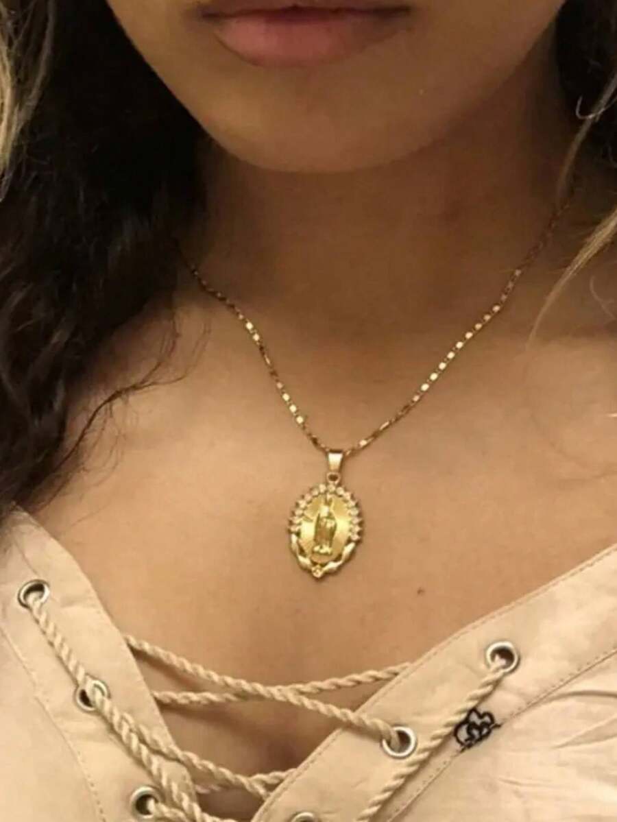 1pc Minimalist Religious Element Oval Virgin Mary Pendant Necklace ...