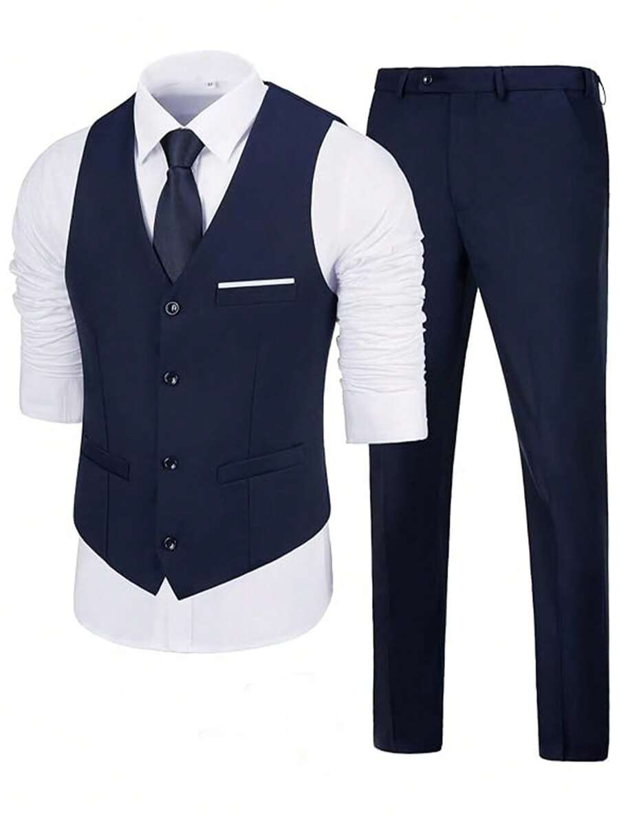 Mens Slim Fit 2 Piece Suit Set V-Neck Solid Dress Suit Vest Pants ...