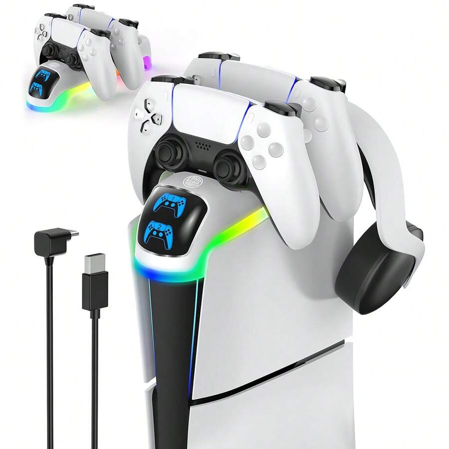 PS5 Controller Charger, Headset Holder, RGB Light Multifunctional ...
