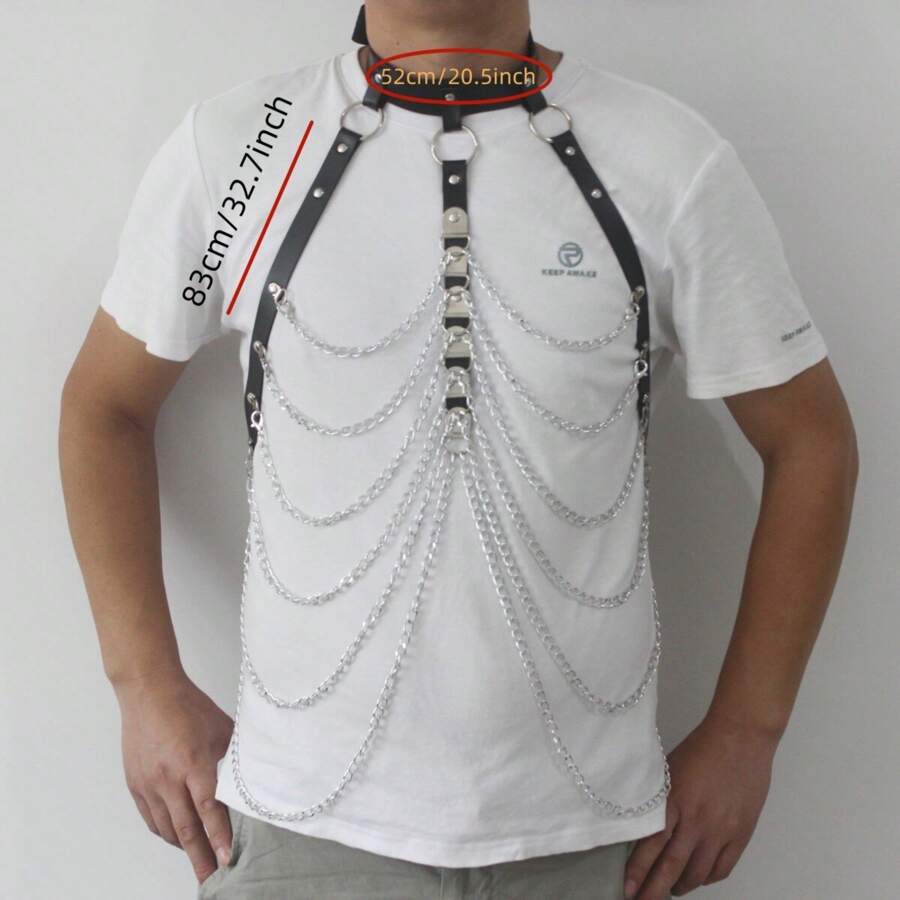 1pc Men's Sexy Metal Chain Body Harness Chest PU Leather Bondage Chest ...