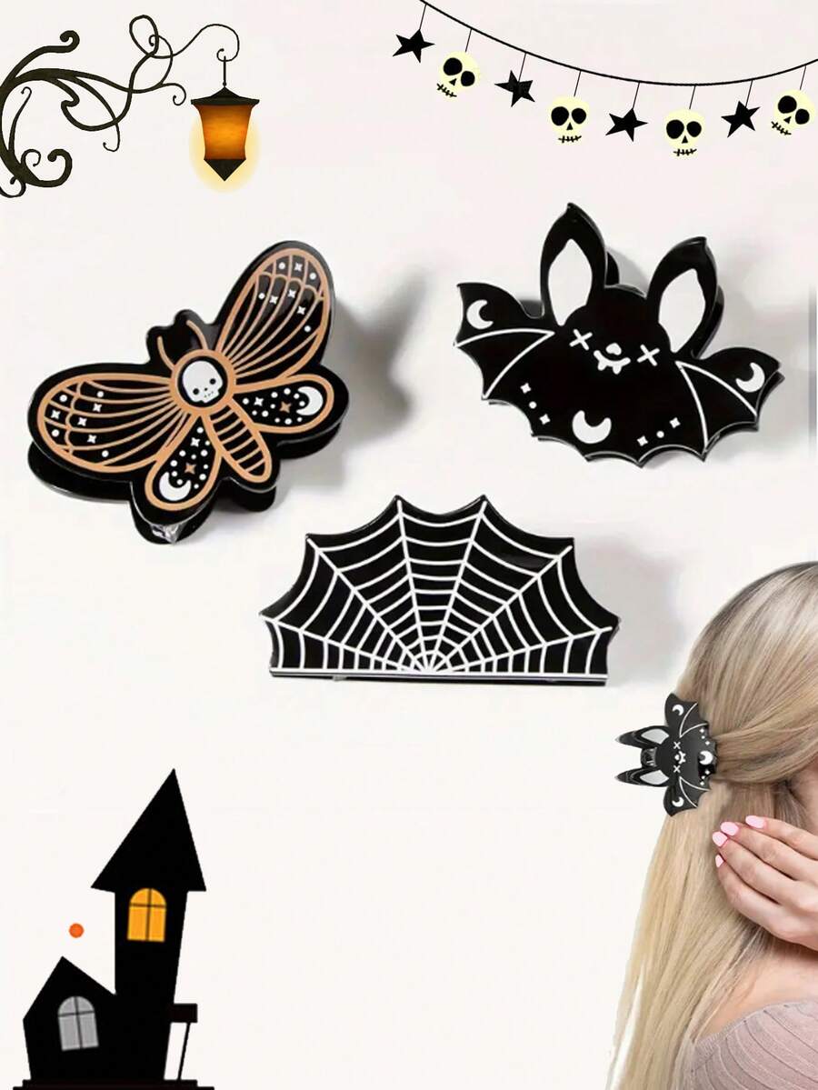 3 Piece Halloween Hair Grab Back Of Head Grab Spider Web Bat Grab Clip ...