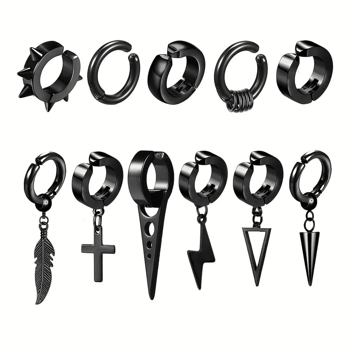 11pcs/Set Punk Rock Stud Clip-On Earrings, Rivet Earrings, Feather ...