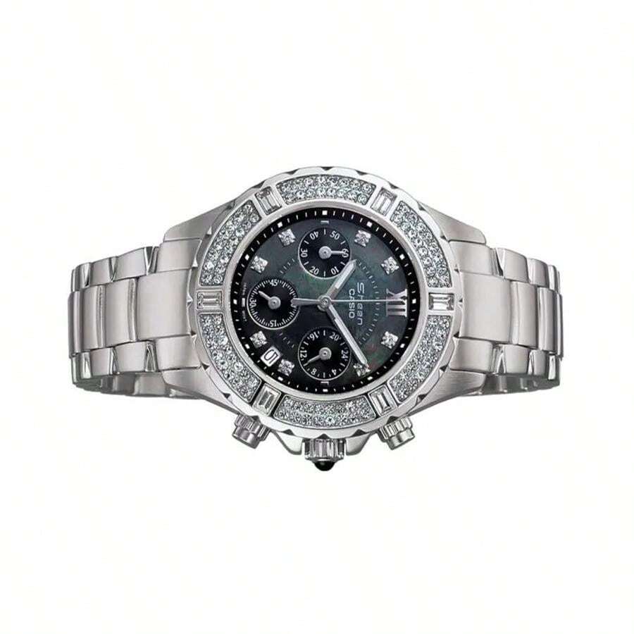 Casio Sheen Analog Mother Of Pearl Black Dial Waterproof Stainless ...