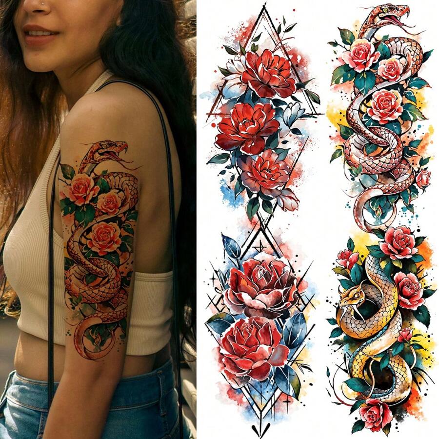 4 Sheets Flower Snake Temporary Tattoos For Men And Women Realistic ...