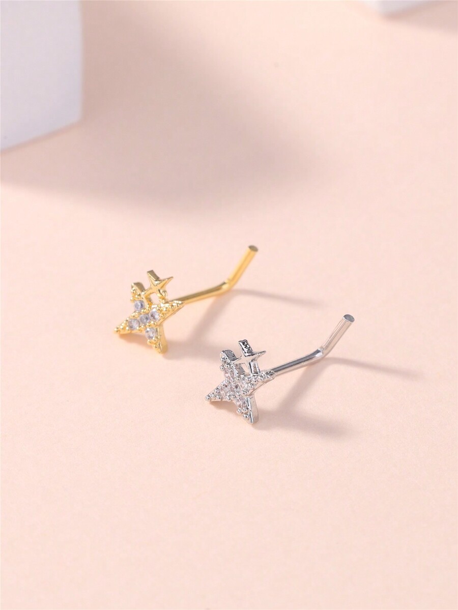 KARYOKO 1pc Fashion L Shaped Nose Studs Shiny CZ Cute Star Design Nose ...